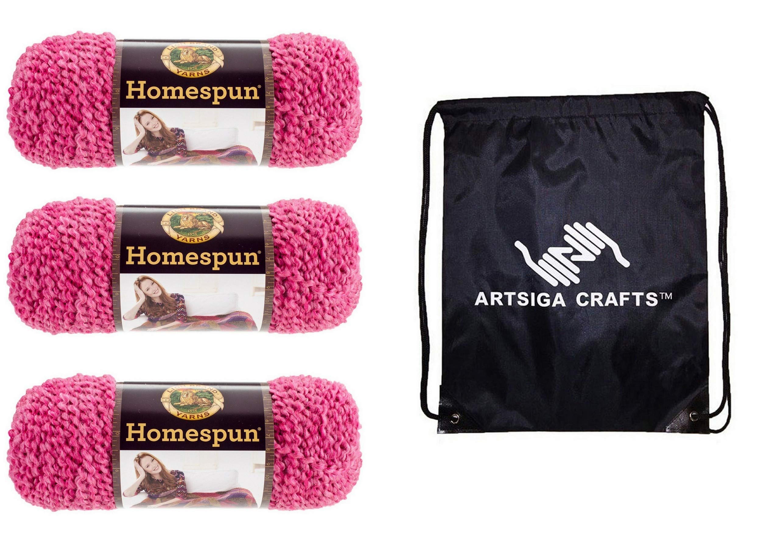 Lion Brand Knitting Yarn Homespun Peony 3-Skein Factory Pack (Same Dye Lot) 790-442 with Knitting Project Bag
