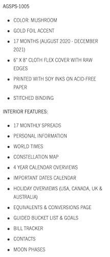 DesignWorks Ink 17-Month Dated Simple Planner (August 2020 - December 2021), 6" x 8", Mushroom - Bold Block