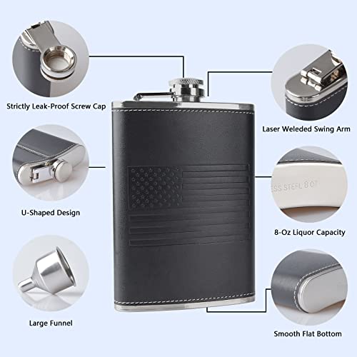 New Scale American Flag Flask Set, 8 Oz Flasks for Liquor for Men with Funnel & 2 Cups , 18/8 Stainless Steel Alcohol Drinking Flask for Men Great Gift Box(Black Leather)