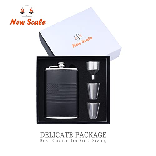 New Scale American Flag Flask Set, 8 Oz Flasks for Liquor for Men with Funnel & 2 Cups , 18/8 Stainless Steel Alcohol Drinking Flask for Men Great Gift Box(Black Leather)