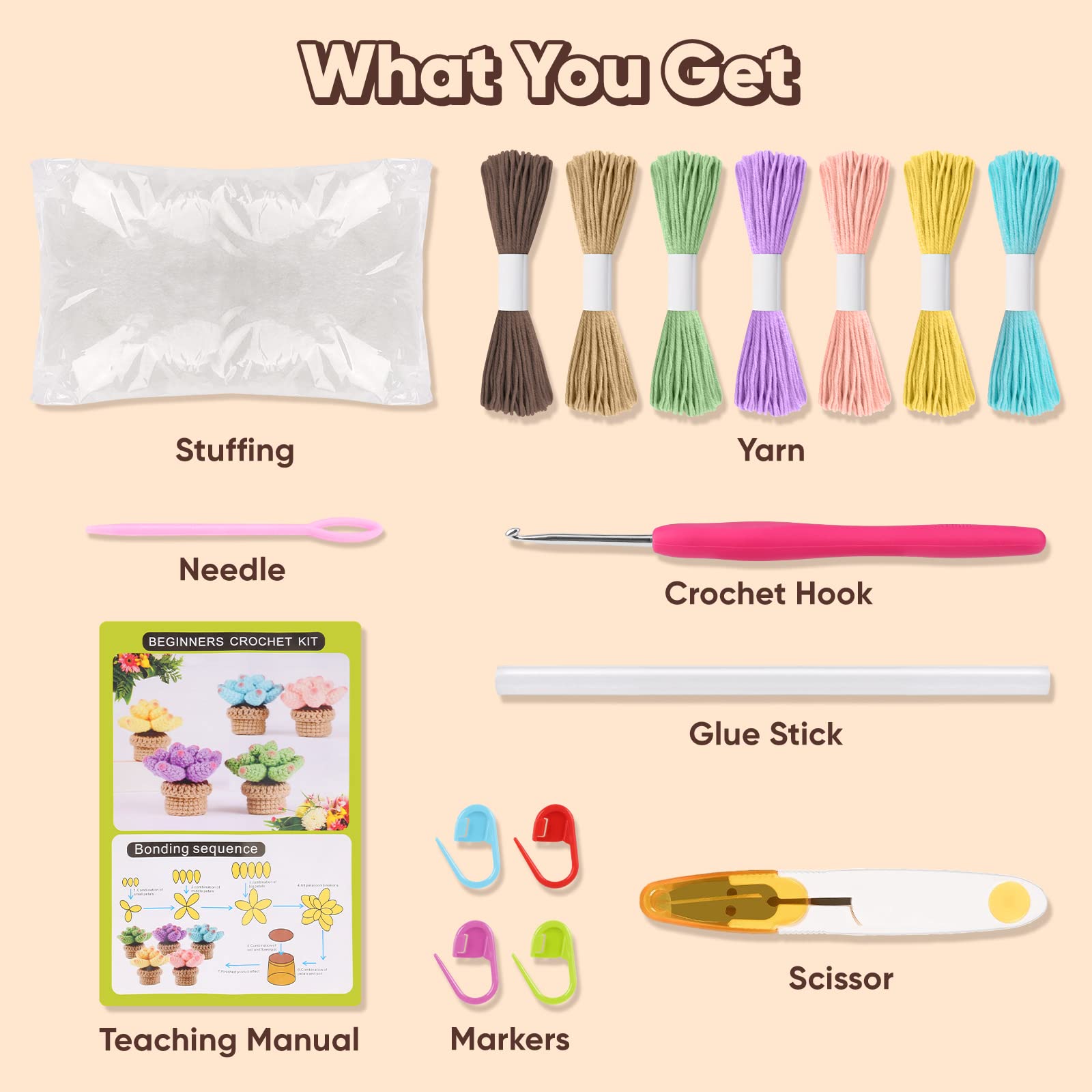BlumWay Crochet Kit for Beginners, 5 Pcs Succulents Crochet Starter Kit, Beginner Crochet Kit for Adults, Crocheting Beginners Knitting Kit with Step-by-Step Teaching Video