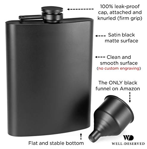 8oz Matte Black Flask + Black Funnel + Black Canvas Pouch. Plain Smooth Surface. Gift Idea Set, Exclusive Fancy Packaging. Alcohol Drinking Flasks For Liquor. Gift Under 20 Dollars. By Well-Deserved
