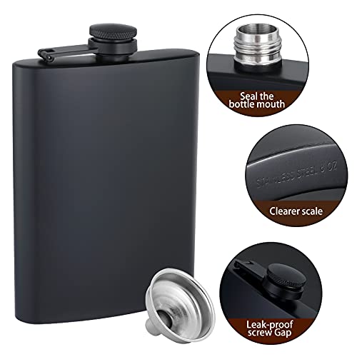 Hip Flasks for Liquor for Men Women 1 pcs 8OZ Matte Black Stainless Steel Flask with 1 pcs Funnels for Wedding Party Groomsman Bridesmaid Birthdays Gift