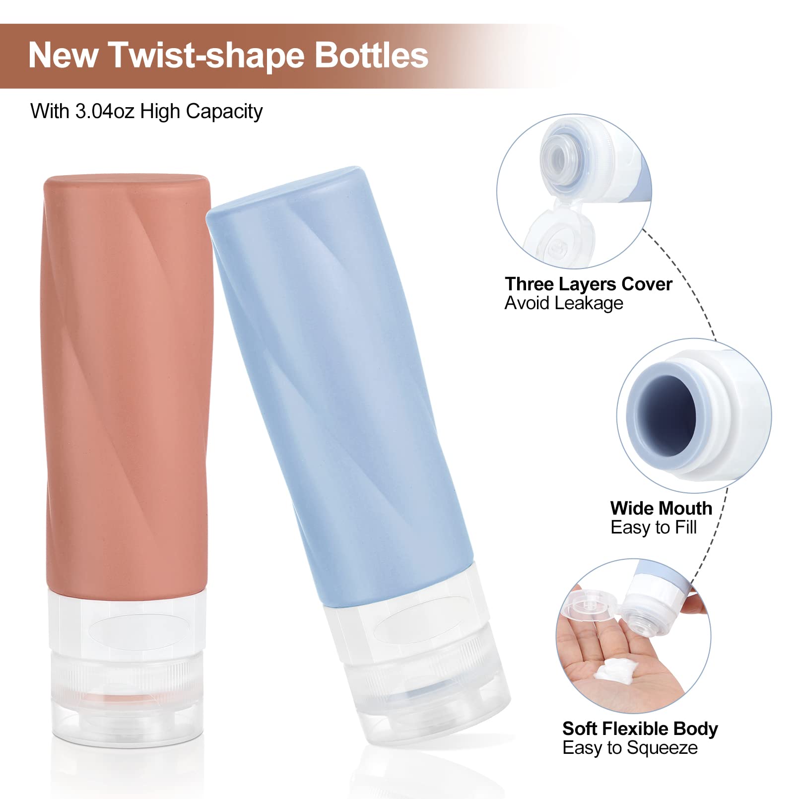 Silicone Travel Bottles Set for Toiletries - 14 Pack Leak Proof Travel Containers for TSA Approved Squeezable Refillable Travel Accessories for Shampoo Conditioner Lotion Body Wash (3.04 oz/Brown)
