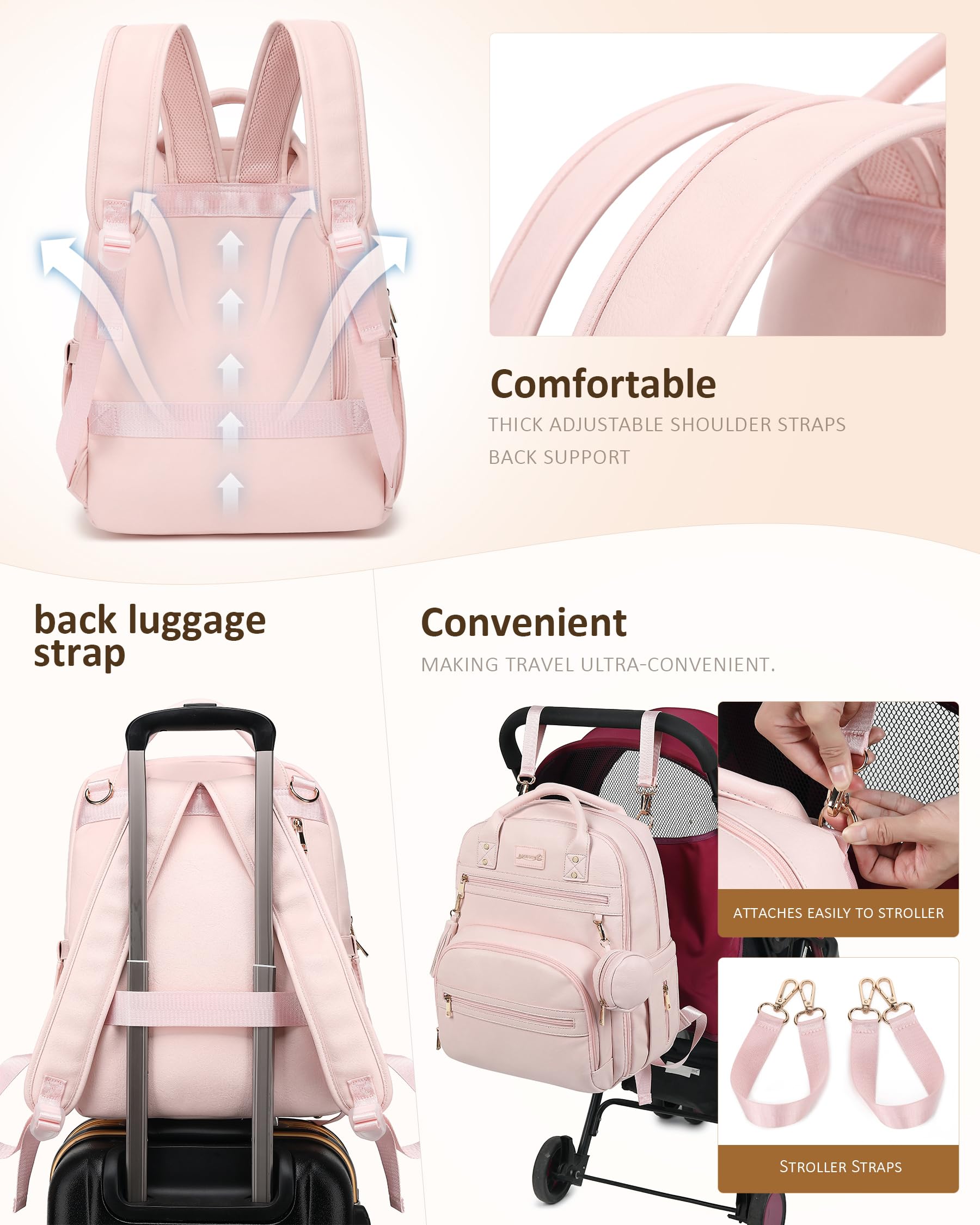 ROSEGIN Premium Vegan Leather Diaper Bag Backpack with Waterproof Changing Pad, Reinforced Zippers & Odor-Free, 20 Pockets Pro Organizer, Fits 15.6" Laptop, Stroller Straps, Baby Bag for Mom, Pink