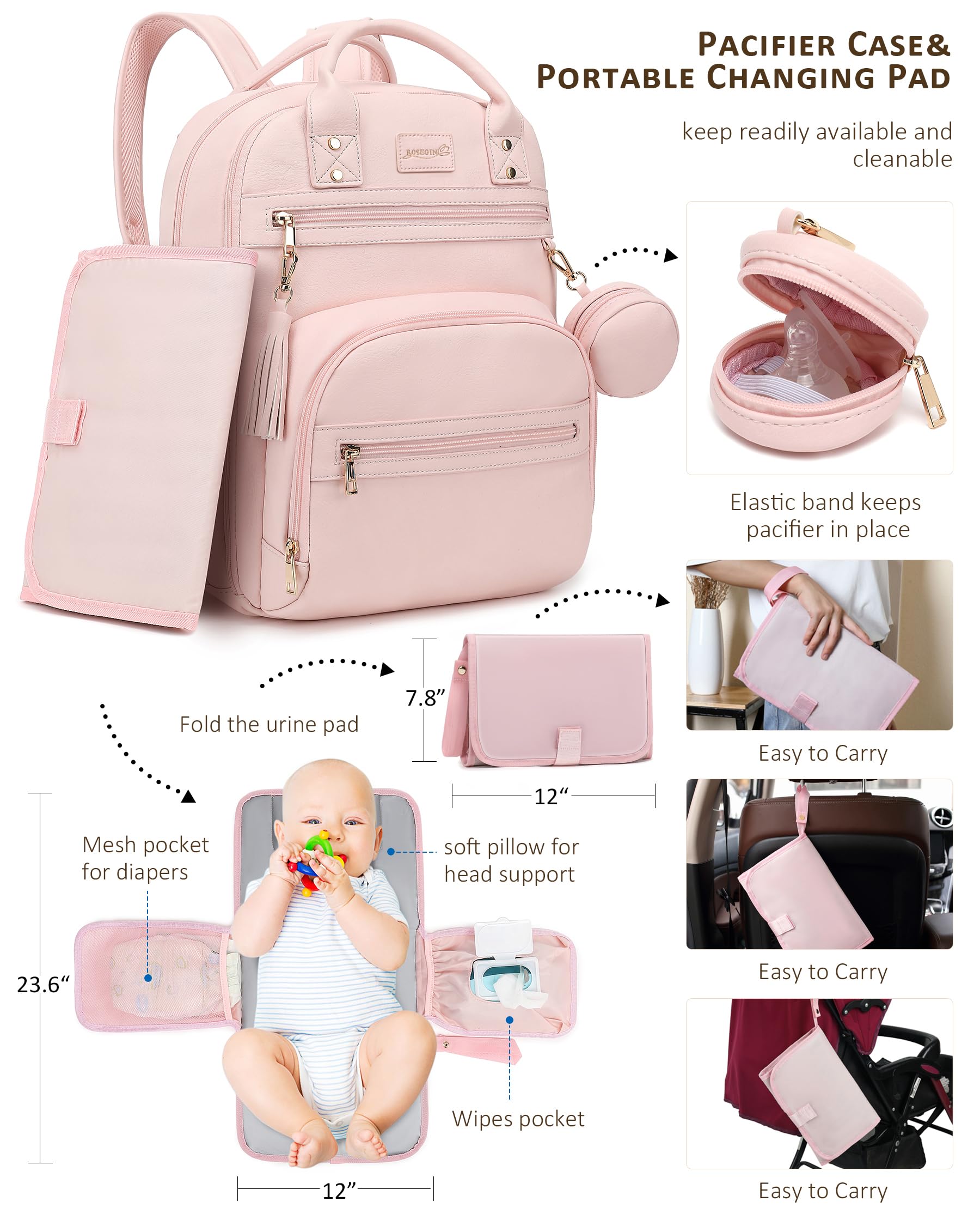 ROSEGIN Premium Vegan Leather Diaper Bag Backpack with Waterproof Changing Pad, Reinforced Zippers & Odor-Free, 20 Pockets Pro Organizer, Fits 15.6" Laptop, Stroller Straps, Baby Bag for Mom, Pink