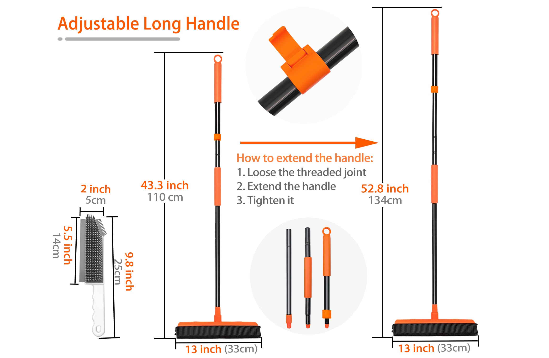 JEHONN Rubber Broom Carpet Rake for Pet Hair Remover, Fur Removal with Squeegee, Portable Detailing Brush Brush, 52.8 Inches Telescopic Long Handle for Fluff Carpet