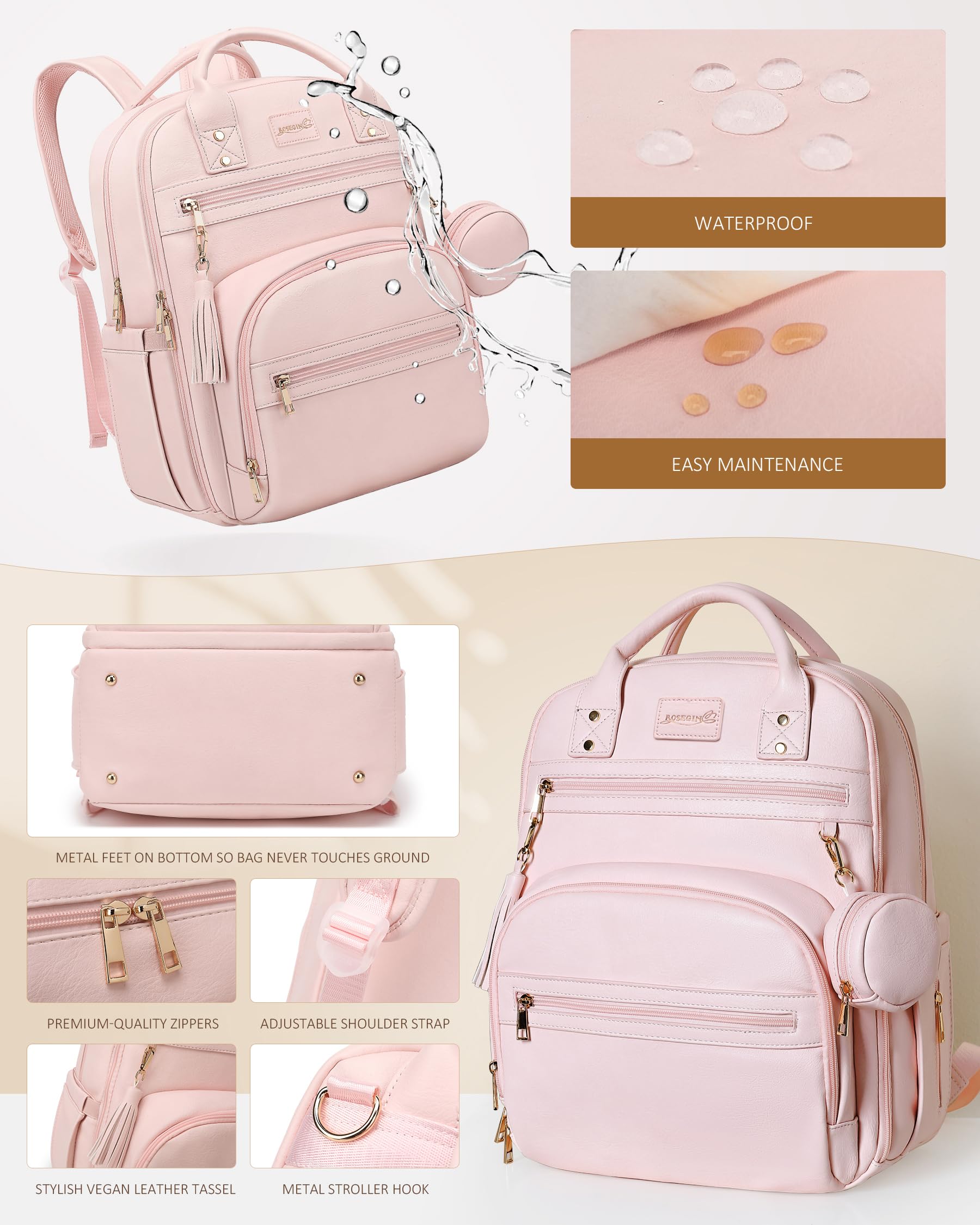 ROSEGIN Premium Vegan Leather Diaper Bag Backpack with Waterproof Changing Pad, Reinforced Zippers & Odor-Free, 20 Pockets Pro Organizer, Fits 15.6" Laptop, Stroller Straps, Baby Bag for Mom, Pink