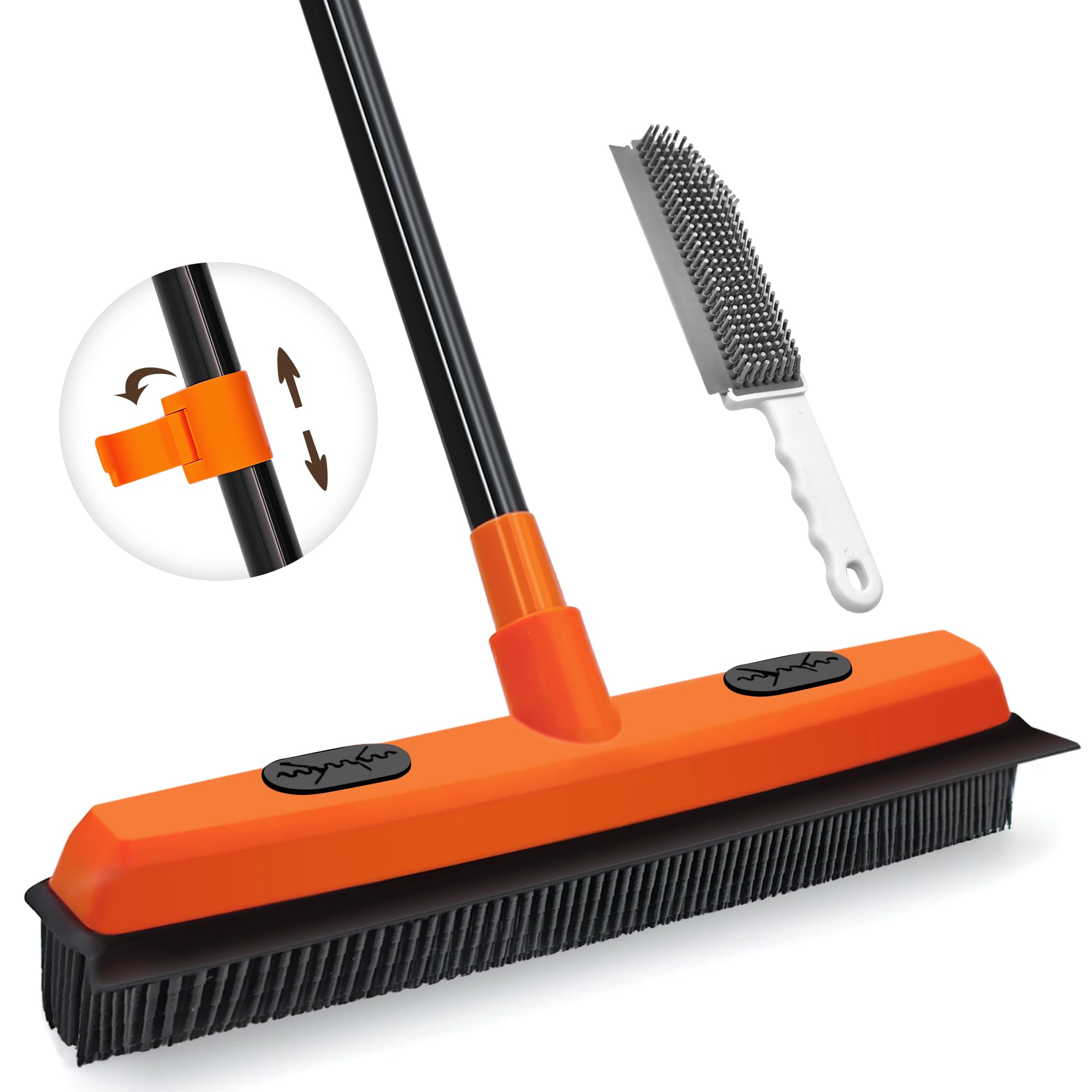 JEHONN Rubber Broom Carpet Rake for Pet Hair Remover, Fur Removal with Squeegee, Portable Detailing Brush Brush, 52.8 Inches Telescopic Long Handle for Fluff Carpet
