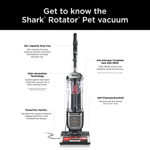 Shark ZU102 Rotator Pet Upright Vacuum with PowerFins HairPro & Odor Neutralizer Technology, Charcoal, 2.9 L Dust Cup