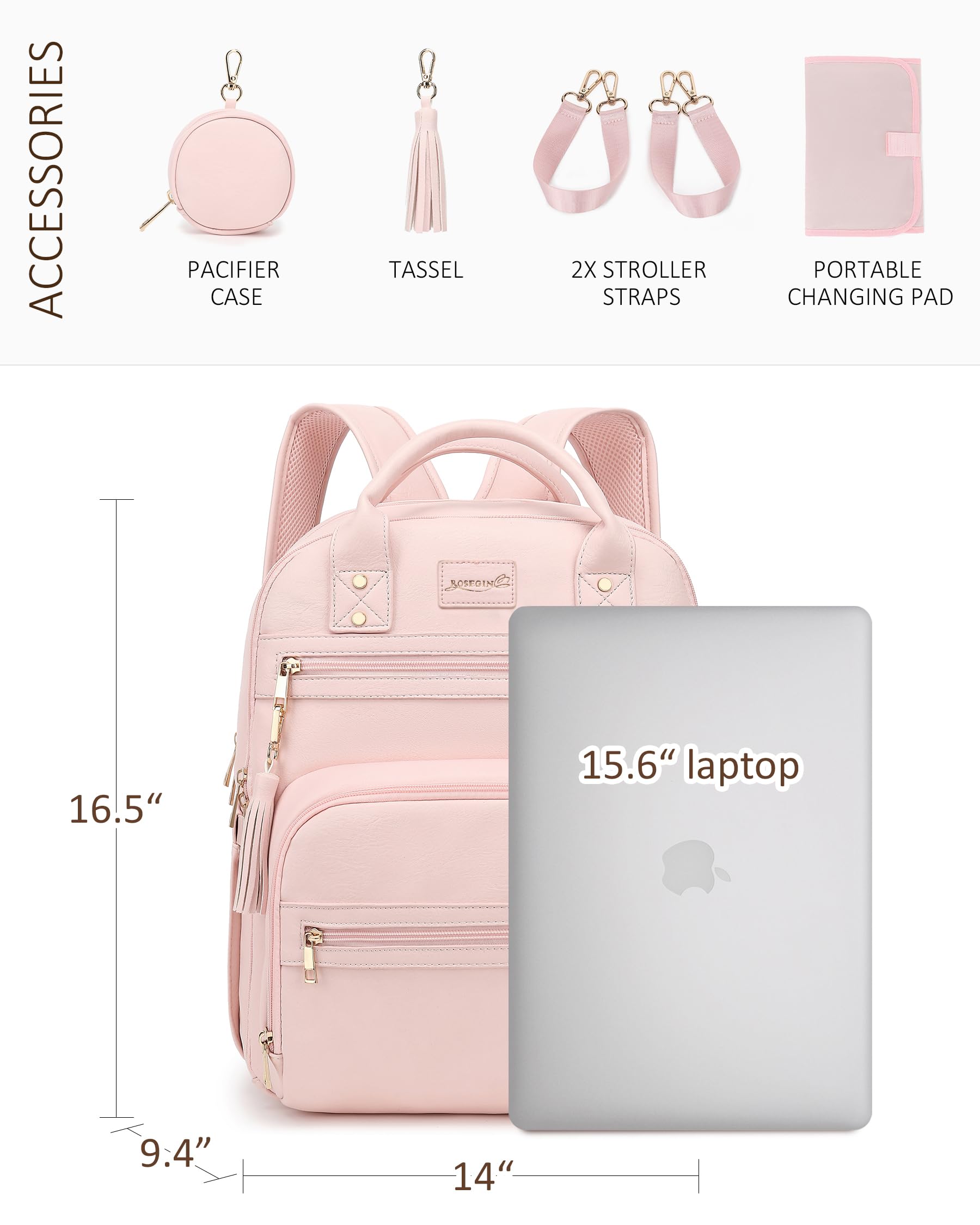 ROSEGIN Premium Vegan Leather Diaper Bag Backpack with Waterproof Changing Pad, Reinforced Zippers & Odor-Free, 20 Pockets Pro Organizer, Fits 15.6" Laptop, Stroller Straps, Baby Bag for Mom, Pink