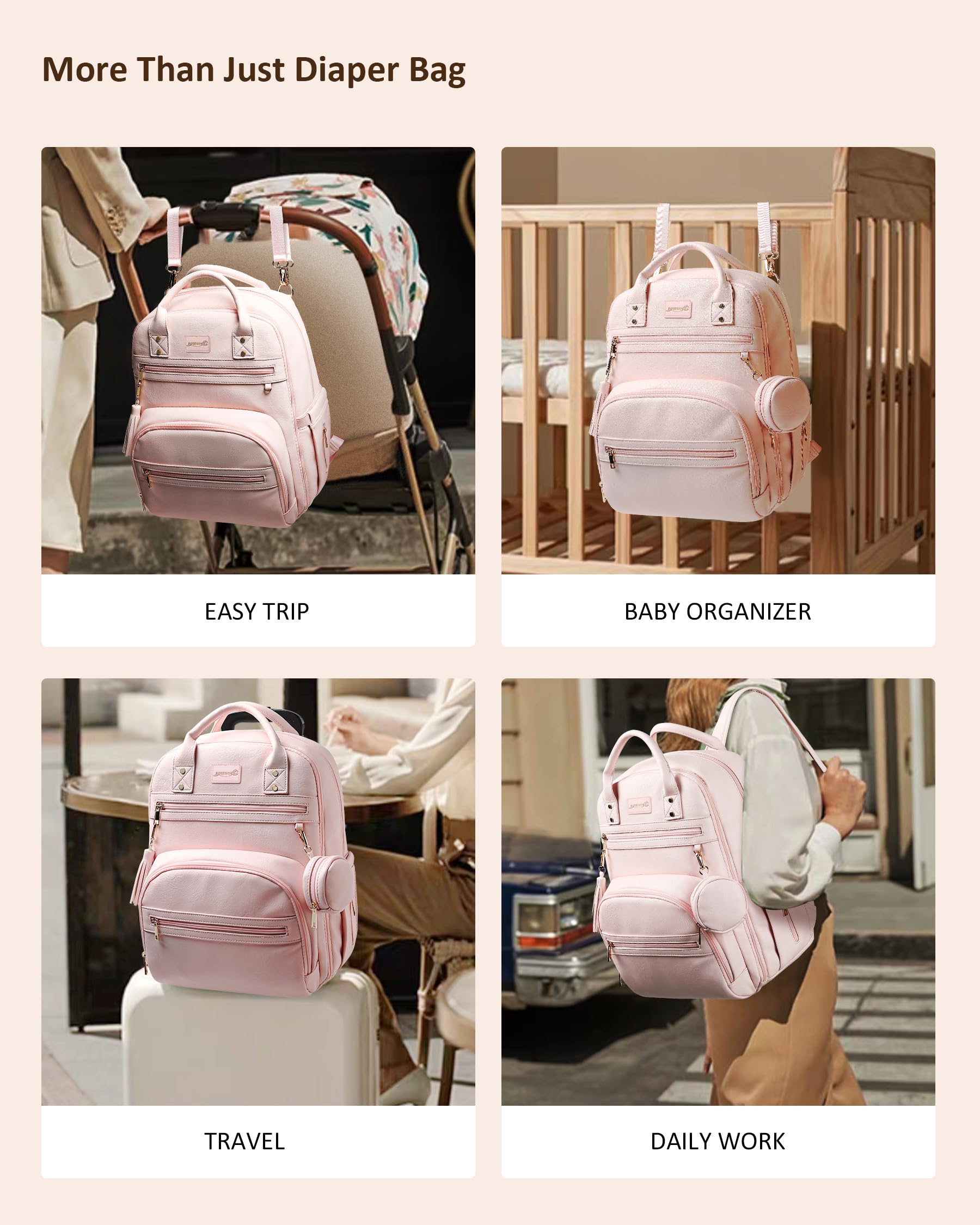 ROSEGIN Premium Vegan Leather Diaper Bag Backpack with Waterproof Changing Pad, Reinforced Zippers & Odor-Free, 20 Pockets Pro Organizer, Fits 15.6" Laptop, Stroller Straps, Baby Bag for Mom, Pink