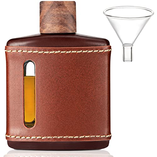 Handmade Genuine Leather Hip Flasks for Liquor for Men, Glass Whiskey Flask with Funnel & Wood Lids Leakproof for Hennessy Liquor & Spirits, Premium Flask Set Gifts Idea for Men Women (Brown, 100ml)