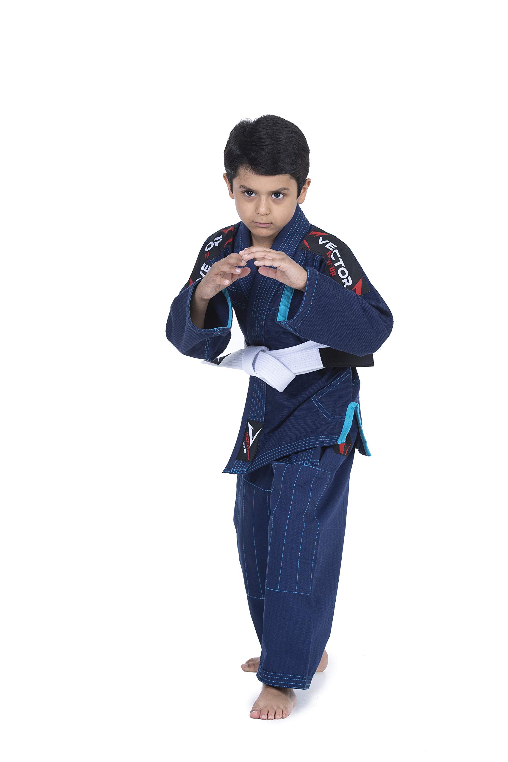 Vector Sports Kids Brazilian Jiu Jitsu BJJ Gi with Free White Belt 100% Cotton Pearl Weave Kimono Ultra Lightweight Preshrunk Fabric (Navy, K2)