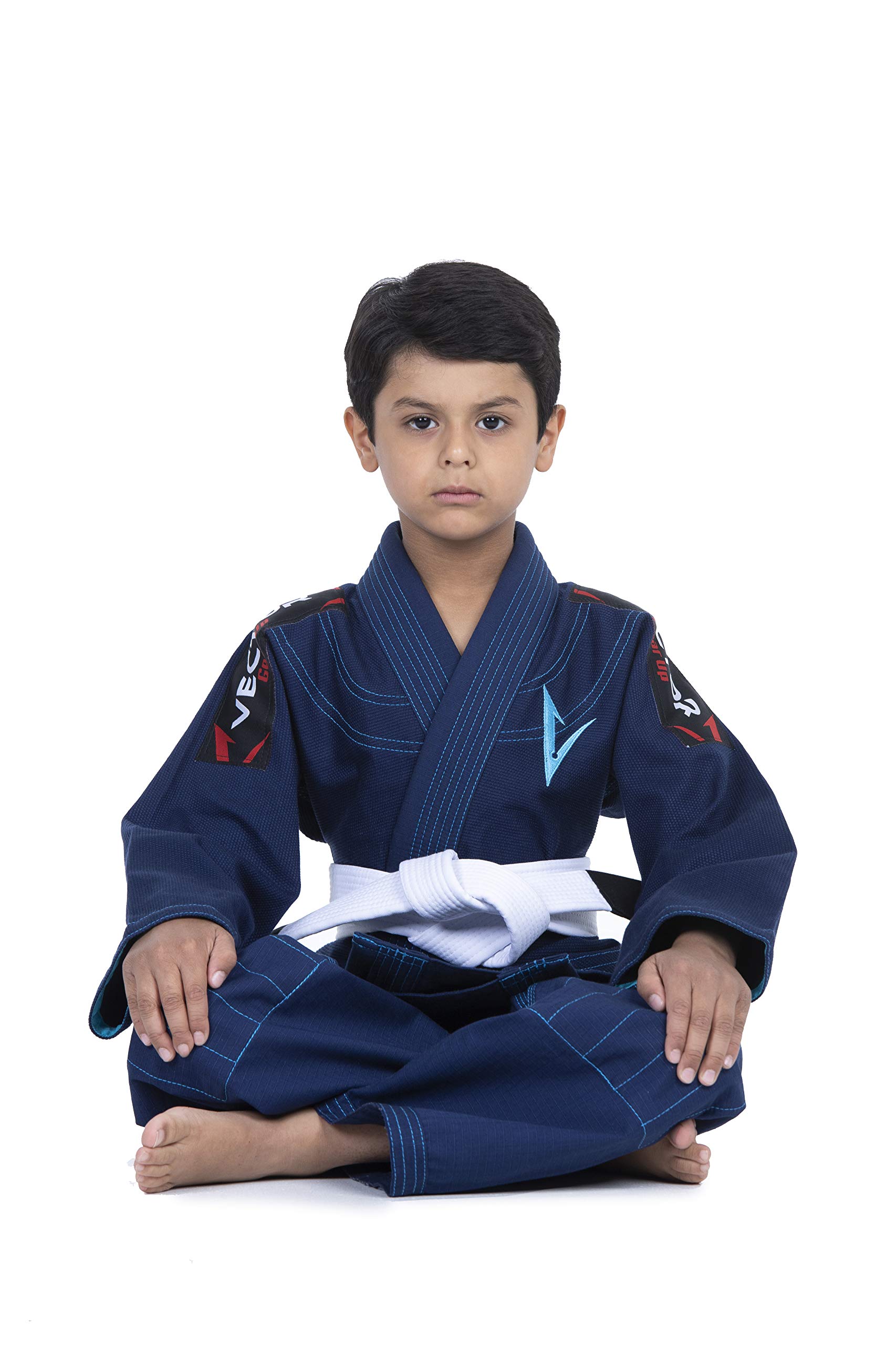 Vector Sports Kids Brazilian Jiu Jitsu BJJ Gi with Free White Belt 100% Cotton Pearl Weave Kimono Ultra Lightweight Preshrunk Fabric (Navy, K2)