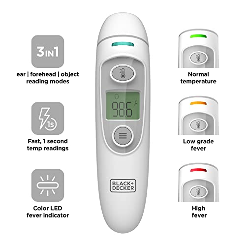 BLACK+DECKER 3-in-1 Infrared Thermometer for Kids and Adults with Fever Alarm, Forehead/Ear/Object Modes, Mute Function for Sleeping Babies, Fast Response Time and Auto Shutdown (BDXTMB100), White