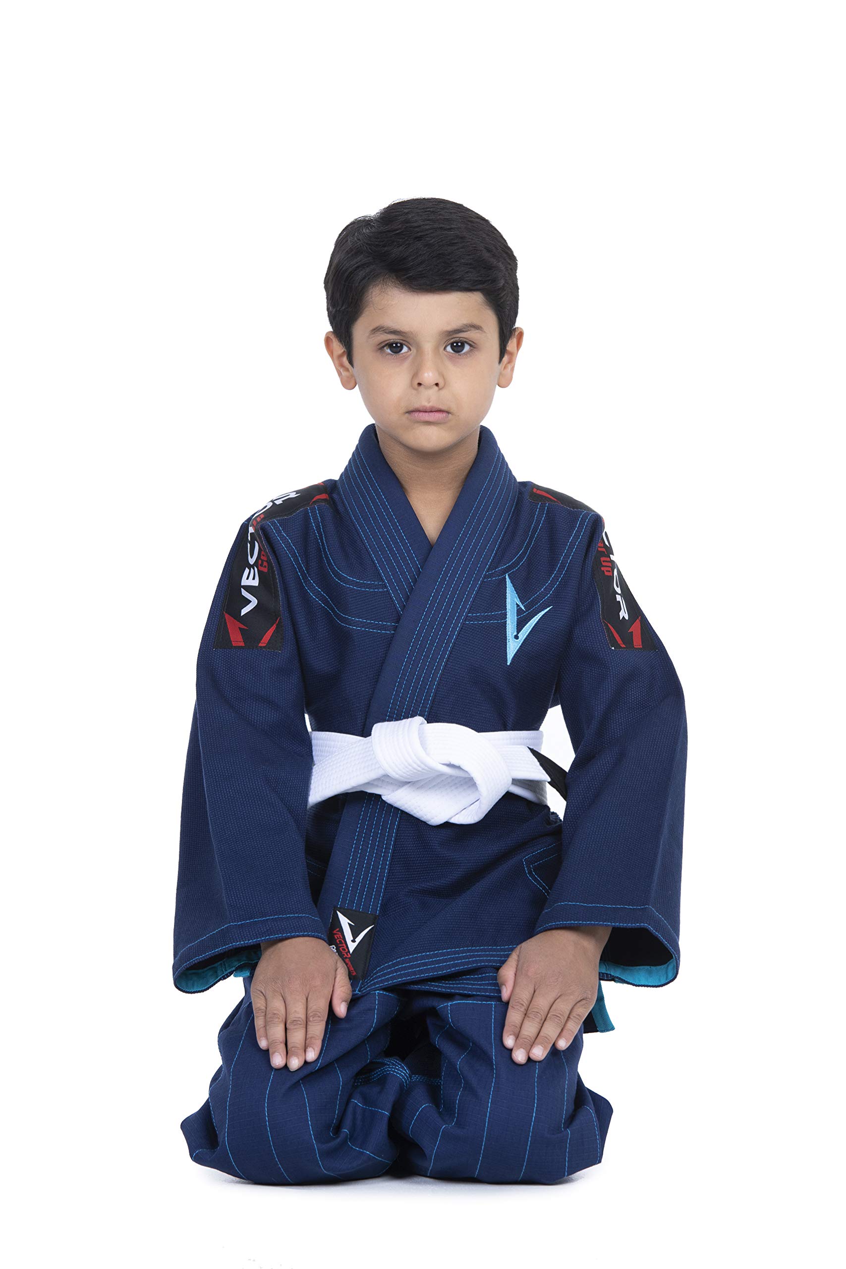 Vector Sports Kids Brazilian Jiu Jitsu BJJ Gi with Free White Belt 100% Cotton Pearl Weave Kimono Ultra Lightweight Preshrunk Fabric (Navy, K2)