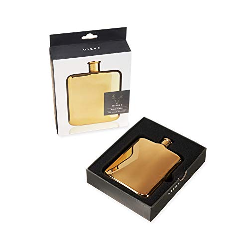 Viski Gold, Stainless Steel Screw Top 14K Plated Liquor Flask for Women and Men, 6 Ounces, Set of 1