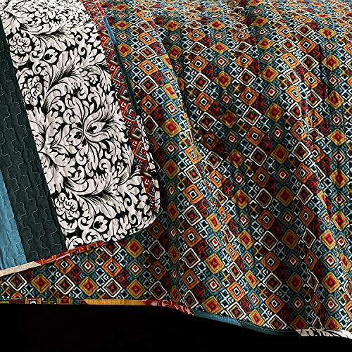 Lush Decor Boho Stripe Quilt Reversible 3 Piece Bohemian Design Bedding Set, Full/Queen, Turquoise & Tangerine
