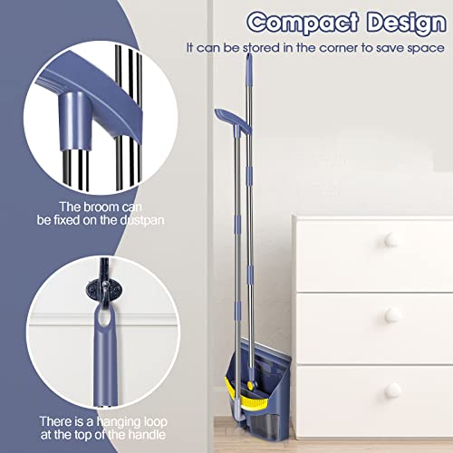 Almcmy Broom and Dustpan Set, Broom with Dustpan Combo Set, 47" Long Handle, Stand Up Dust Pan with Comb Teeth, Standing Dustpan and Broom Set for Sweeping Indoor Lobby Office Kitchen