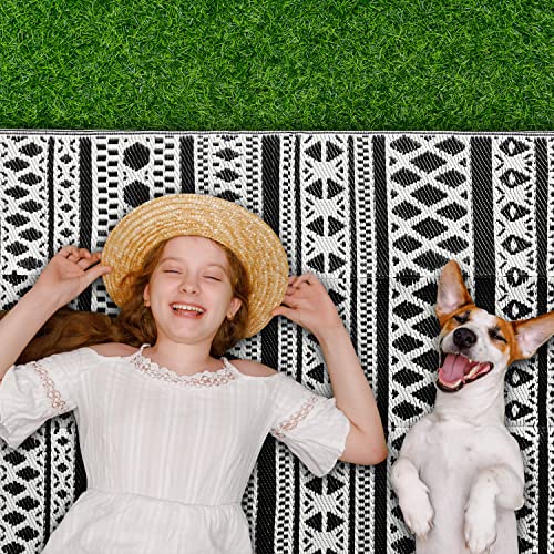 Reversible Waterproof Outdoor Rug Tangier – 5’ x 8’ Black & White – Polypropylene Straw Mat for Camping, RV, Trailer, Indoor, Terrace, Deck, Backyard & Garden – Large Modern Area by LUOMU RUGS