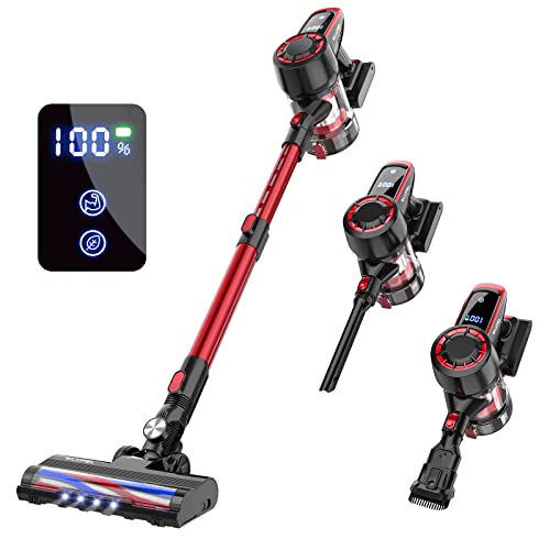 WLUPEL Cordless Vacuum Cleaner, 250W Stick Vacuum Cleaner with 30KPA Powerful Suction, Lightweight Handheld Vacuum LED Display for Carpet and Floor, Pet Hair (Hero 8-Red)