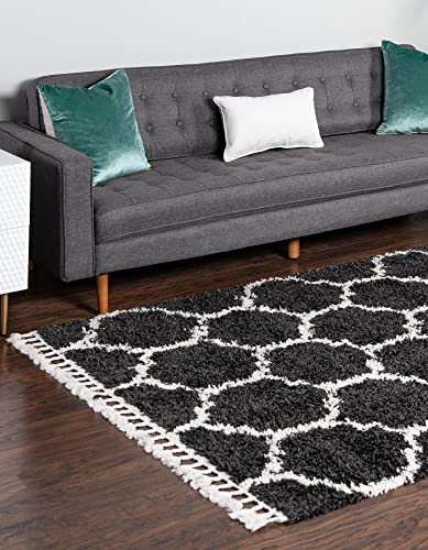 Unique Loom Hygge Shag Collection Area Rug - Trellis (9' x 12' Rectangle, Black and White)