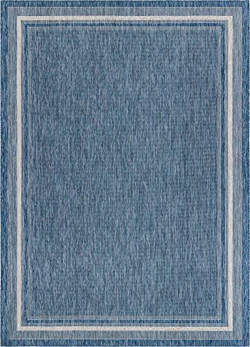 Unique Loom Outdoor Border Collection Transitional Indoor & Outdoor Casual Solid Tonal Border Area Rug (10' 0 x 14' 0 Rectangular, Blue/ Beige)