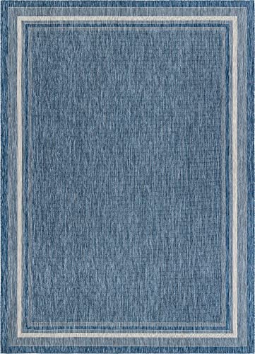 Unique Loom Outdoor Border Collection Transitional Indoor & Outdoor Casual Solid Tonal Border Area Rug (10' 0 x 14' 0 Rectangular, Blue/ Beige)