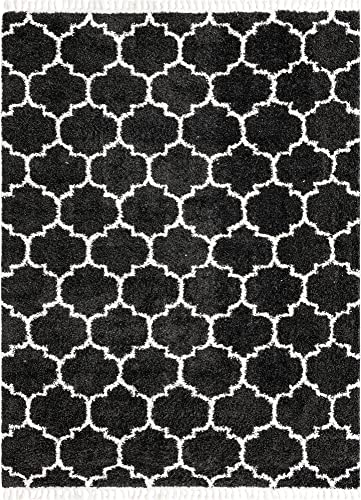 Unique Loom Hygge Shag Collection Area Rug - Trellis (9' x 12' Rectangle, Black and White)
