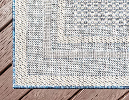 Unique Loom Outdoor Border Collection Transitional Indoor & Outdoor Casual Solid Tonal Border Area Rug (10' 0 x 14' 0 Rectangular, Blue/ Beige)