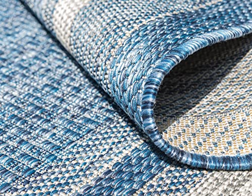 Unique Loom Outdoor Border Collection Transitional Indoor & Outdoor Casual Solid Tonal Border Area Rug (10' 0 x 14' 0 Rectangular, Blue/ Beige)