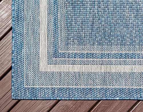 Unique Loom Outdoor Border Collection Transitional Indoor & Outdoor Casual Solid Tonal Border Area Rug (10' 0 x 14' 0 Rectangular, Blue/ Beige)