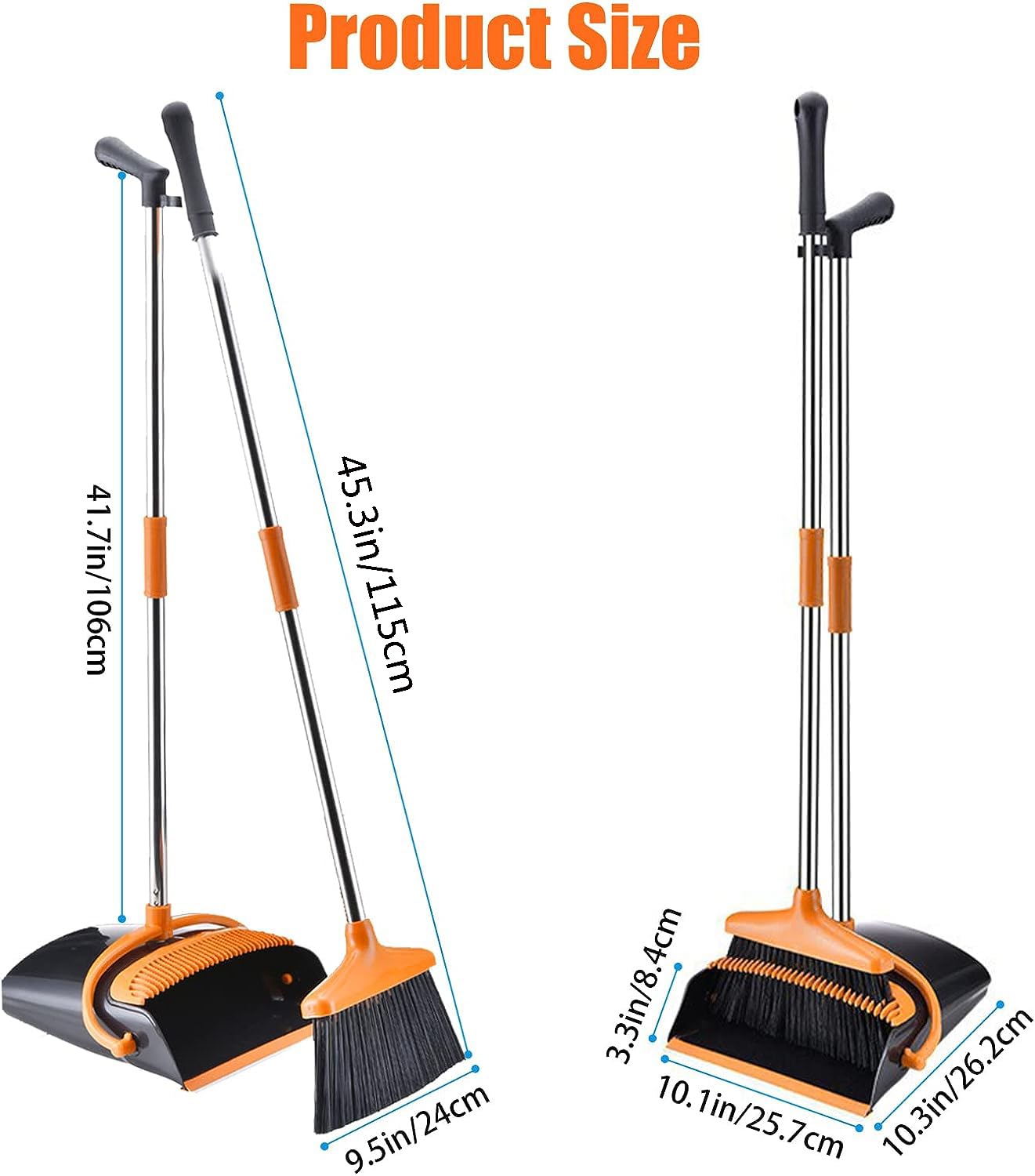 Broom and Dustpan Set with Long Handle, Windproof Stand Up Dustpan with Broom Combo for Home Kitchen Room Office Lobby Floor Use