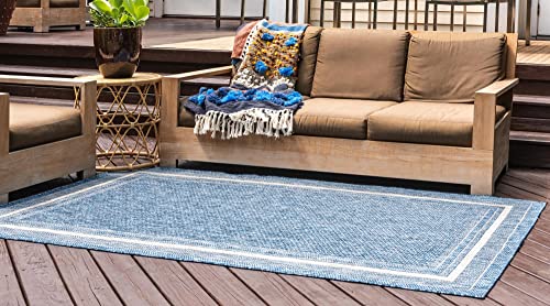 Unique Loom Outdoor Border Collection Transitional Indoor & Outdoor Casual Solid Tonal Border Area Rug (10' 0 x 14' 0 Rectangular, Blue/ Beige)