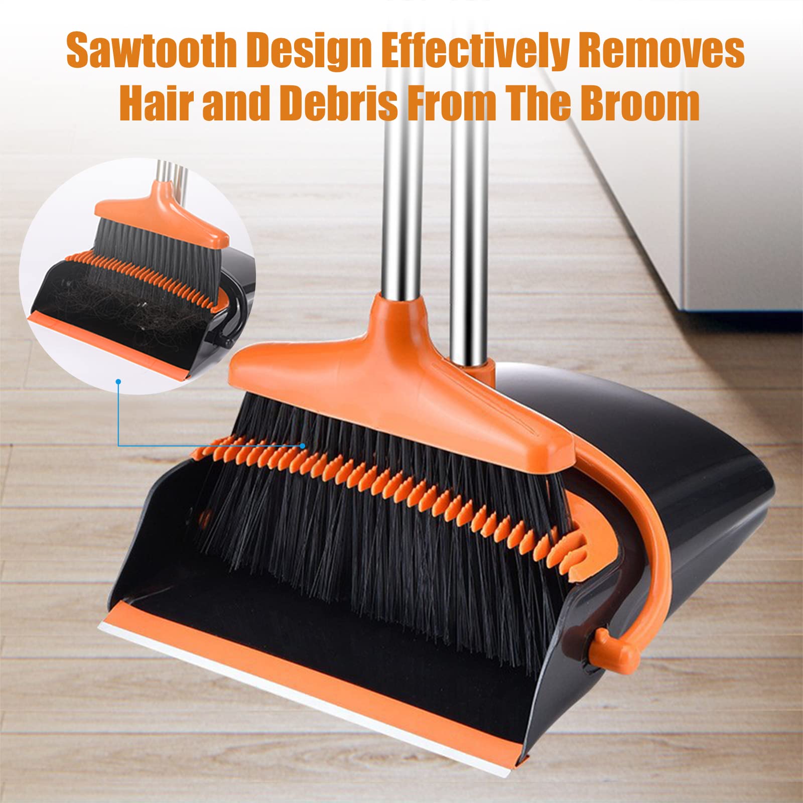 Broom and Dustpan Set with Long Handle, Windproof Stand Up Dustpan with Broom Combo for Home Kitchen Room Office Lobby Floor Use