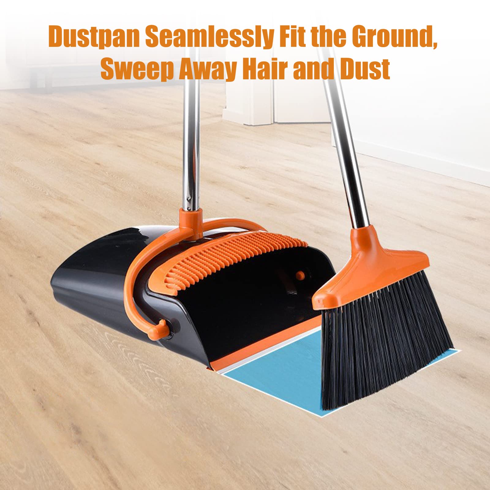 Broom and Dustpan Set with Long Handle, Windproof Stand Up Dustpan with Broom Combo for Home Kitchen Room Office Lobby Floor Use