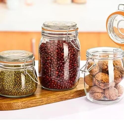 Encheng 32 oz Glass Jars With Airtight Lids And Leak Proof Rubber Gasket,Wide Mouth Mason Jars With Hinged Lids For Kitchen Canisters 1000ml, Glass Storage Containers 4 Pack