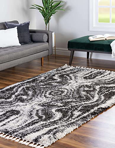 Unique Loom Hygge Shag Collection Area Rug - Valley (9' x 12' Rectangle, Black and White/Gray)