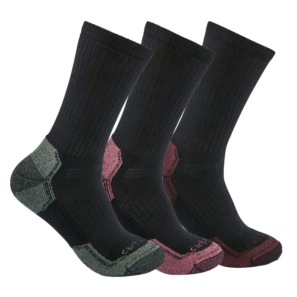 Carhartt Women's Midweight Cotton Blend Sock 3 Pack, Black Assorted, Large