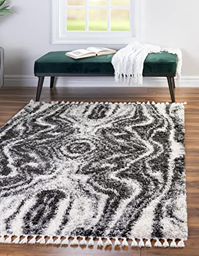 Unique Loom Hygge Shag Collection Area Rug - Valley (9' x 12' Rectangle, Black and White/Gray)
