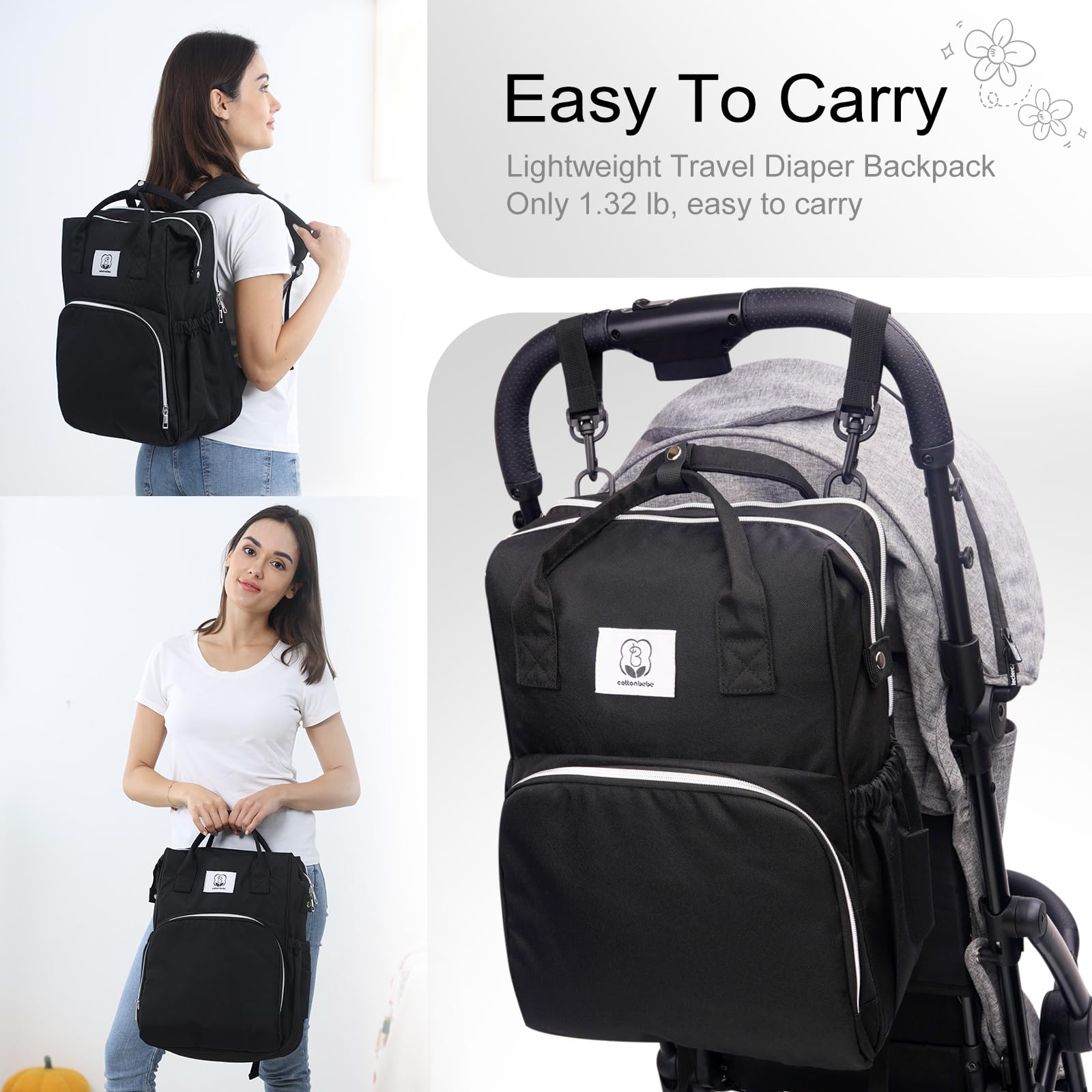 COTTONBEBE Diaper Bag with Changing Pad, Large Baby Bags Backpack with Stroller Straps & Insulated Pockets, Multifunction Waterproof Travel Diapers Back pack for Women & Man, Black
