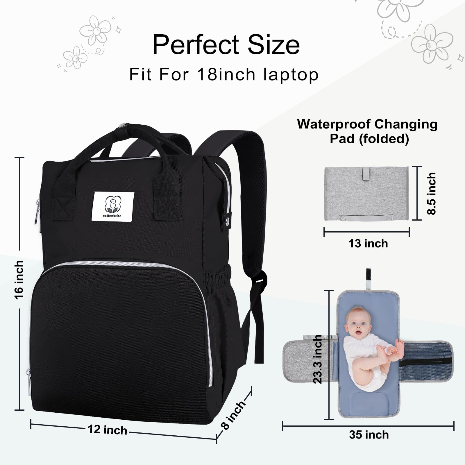 COTTONBEBE Diaper Bag with Changing Pad, Large Baby Bags Backpack with Stroller Straps & Insulated Pockets, Multifunction Waterproof Travel Diapers Back pack for Women & Man, Black