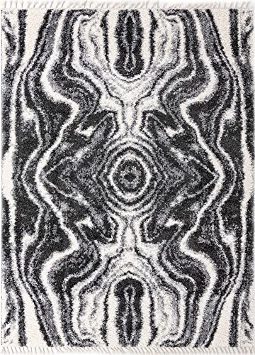 Unique Loom Hygge Shag Collection Area Rug - Valley (9' x 12' Rectangle, Black and White/Gray)