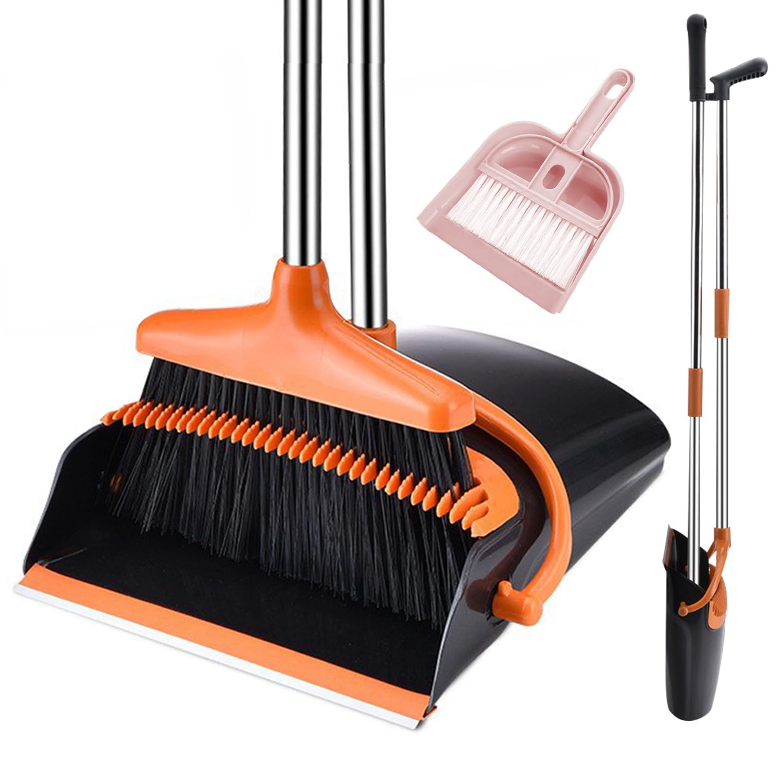 Broom and Dustpan Set with Long Handle, Windproof Stand Up Dustpan with Broom Combo for Home Kitchen Room Office Lobby Floor Use