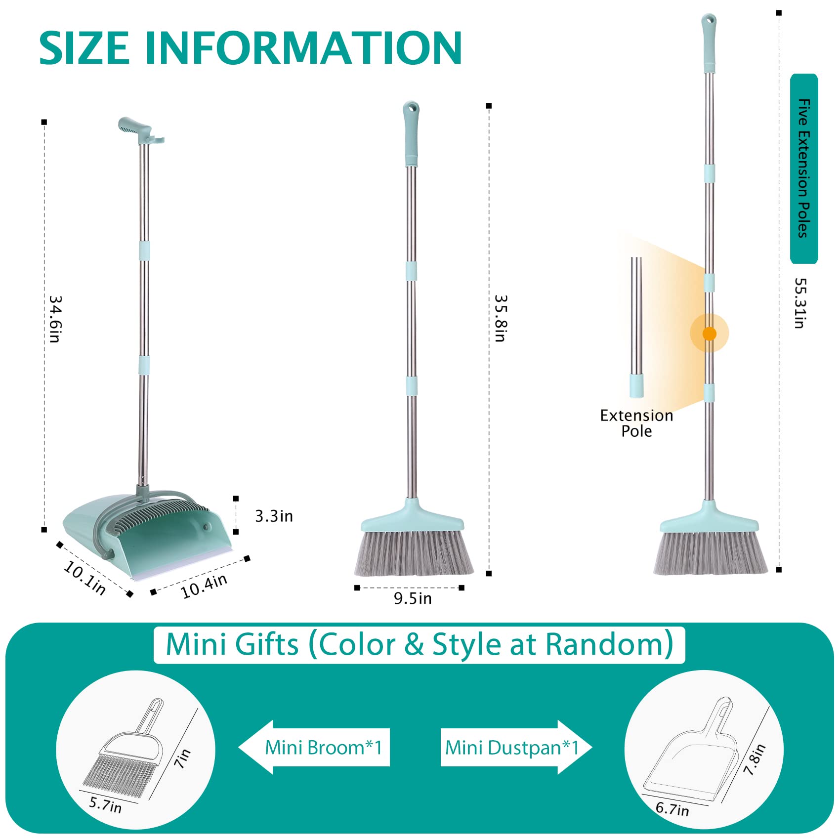 XXFLOWER Broom and Dustpan Set for Home, Broom and Dustpan Set with Long Handle 55", Broom with Dustpan Combo Set, Standing Broom and Dust Pan Set for Kitchen Office Lobby Floor, Bluish Green