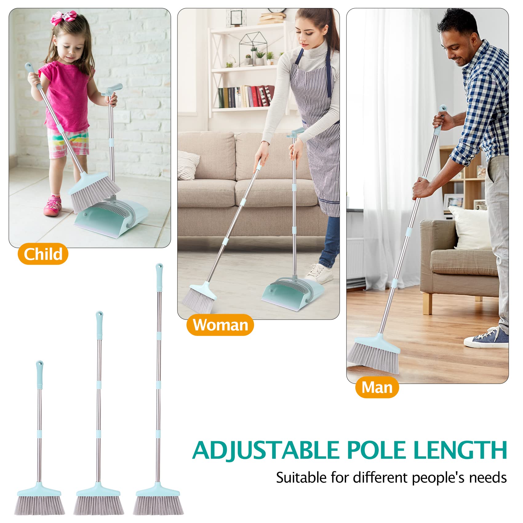 XXFLOWER Broom and Dustpan Set for Home, Broom and Dustpan Set with Long Handle 55", Broom with Dustpan Combo Set, Standing Broom and Dust Pan Set for Kitchen Office Lobby Floor, Bluish Green