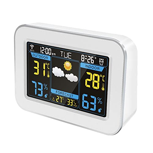 XARONF Weather Station Indoor Outdoor Thermometer, Atomic Alarm Clock with Temperature Alert Humidity, Large Color Display Weather Monitor with Calendar and LCD Backlight for Home (Color : White)