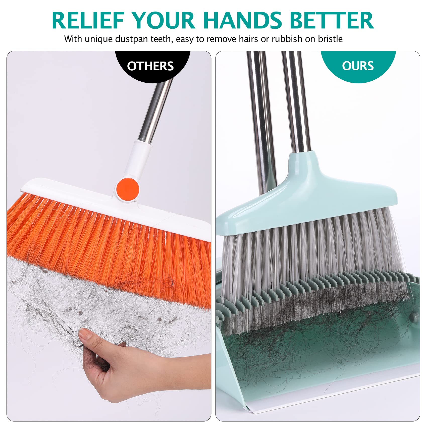 XXFLOWER Broom and Dustpan Set for Home, Broom and Dustpan Set with Long Handle 55", Broom with Dustpan Combo Set, Standing Broom and Dust Pan Set for Kitchen Office Lobby Floor, Bluish Green
