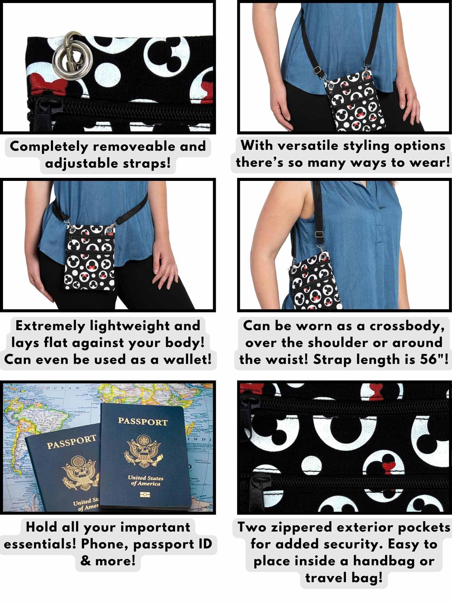 Disney Passport Crossbody Bag Mickey & Minnie Icon Print Travel Black (Multicolor)